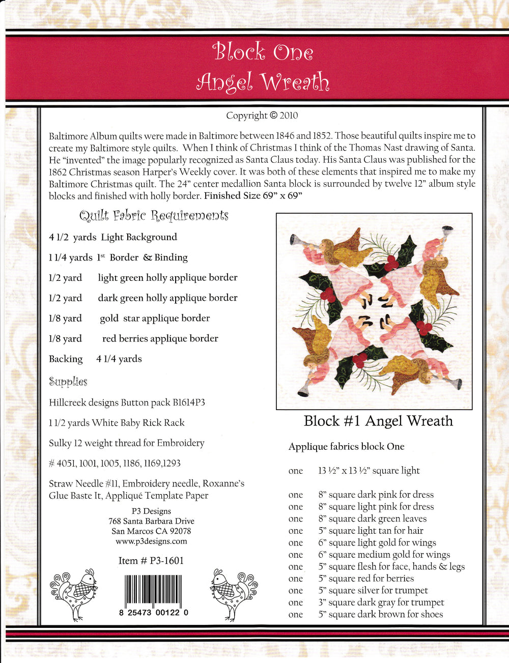 P3 Designs Baltimore Christmas Holiday Applique Quilt Pattern Set