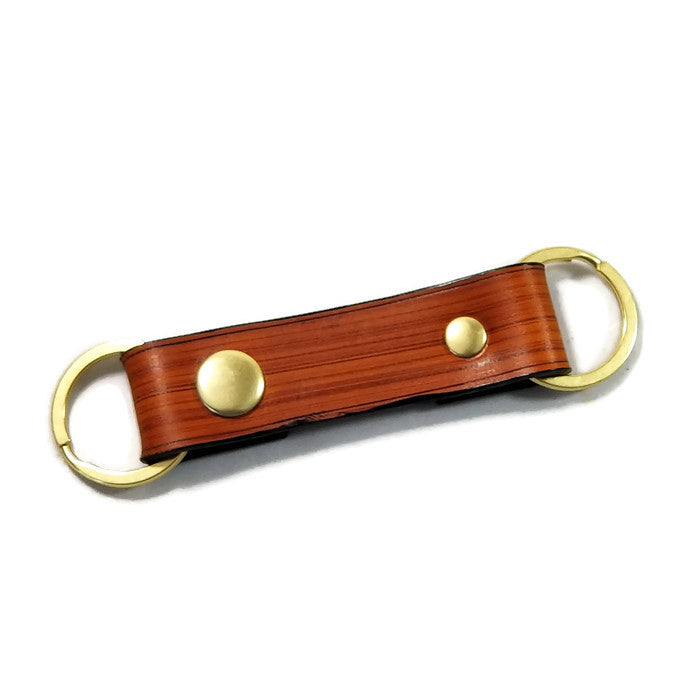 Modern Wood Grain Saddle Tan Valet Double Ring Leather Key Chain