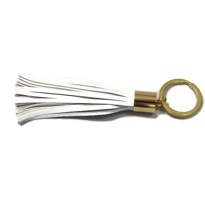 White Lambskin Leather Tassel Keychain with 14k Gold Plated Brass Top